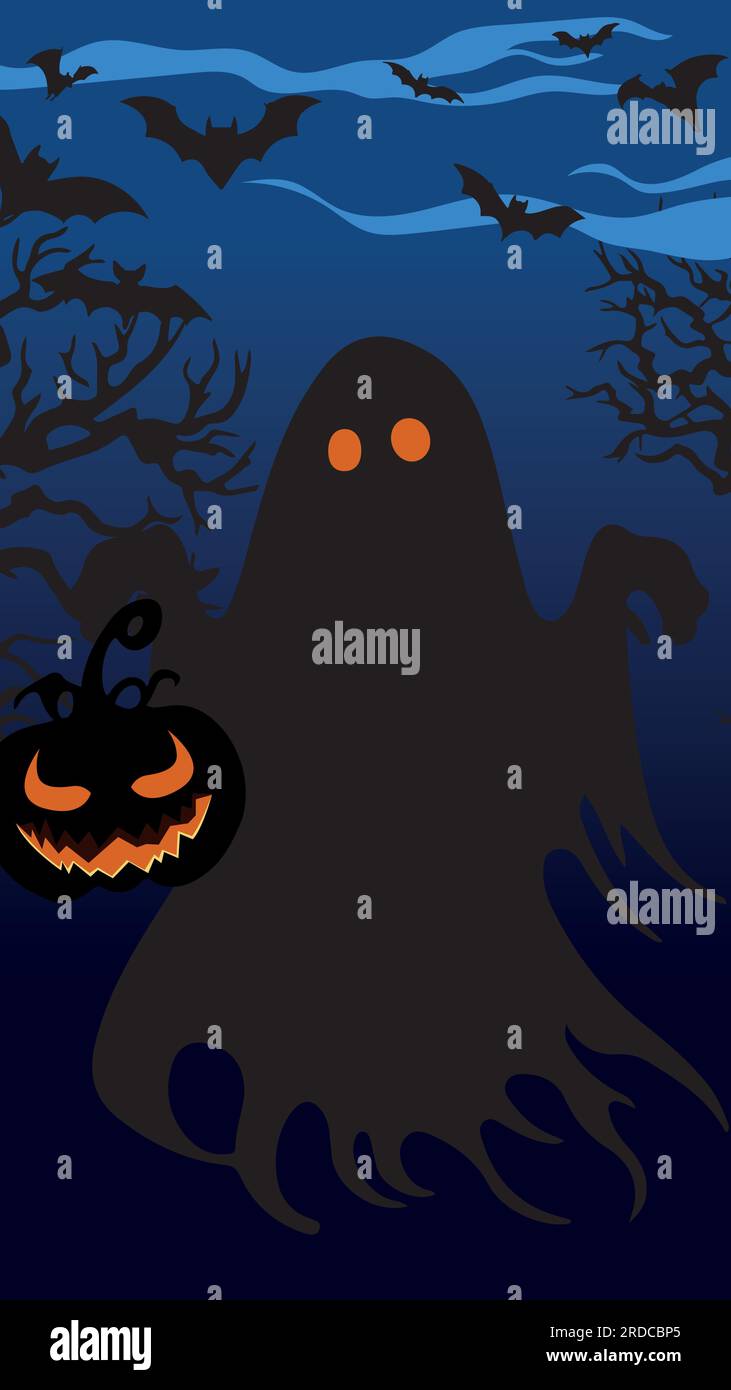 Halloween ghost holding a pumpkin lantern night scene cartoon vector ...