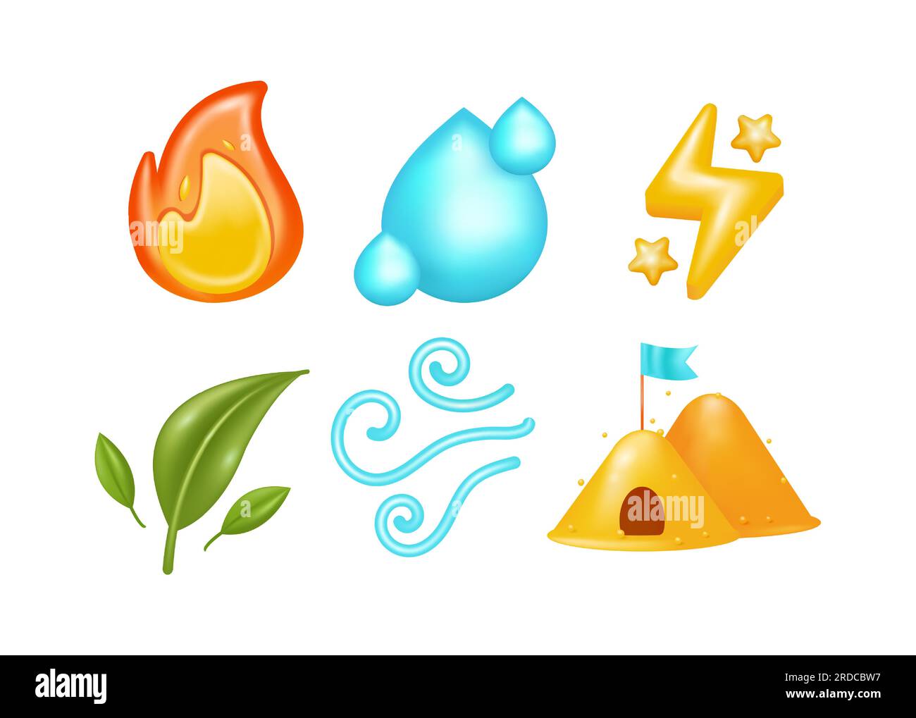 Elements of fire, water, beach sand, leaves, wind and lightning 3d ...