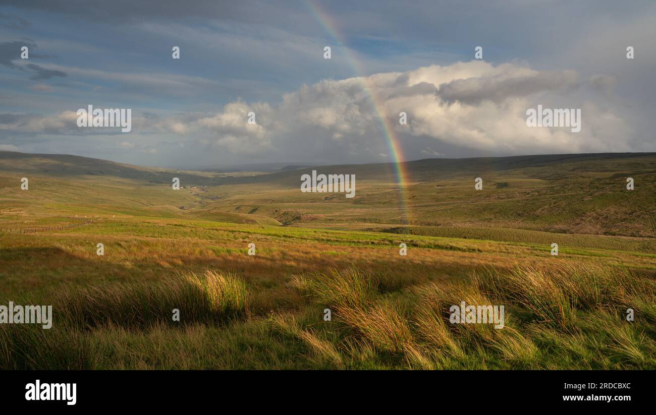 Rainbow over the North Pennines. Fields lit by transient light Stock ...