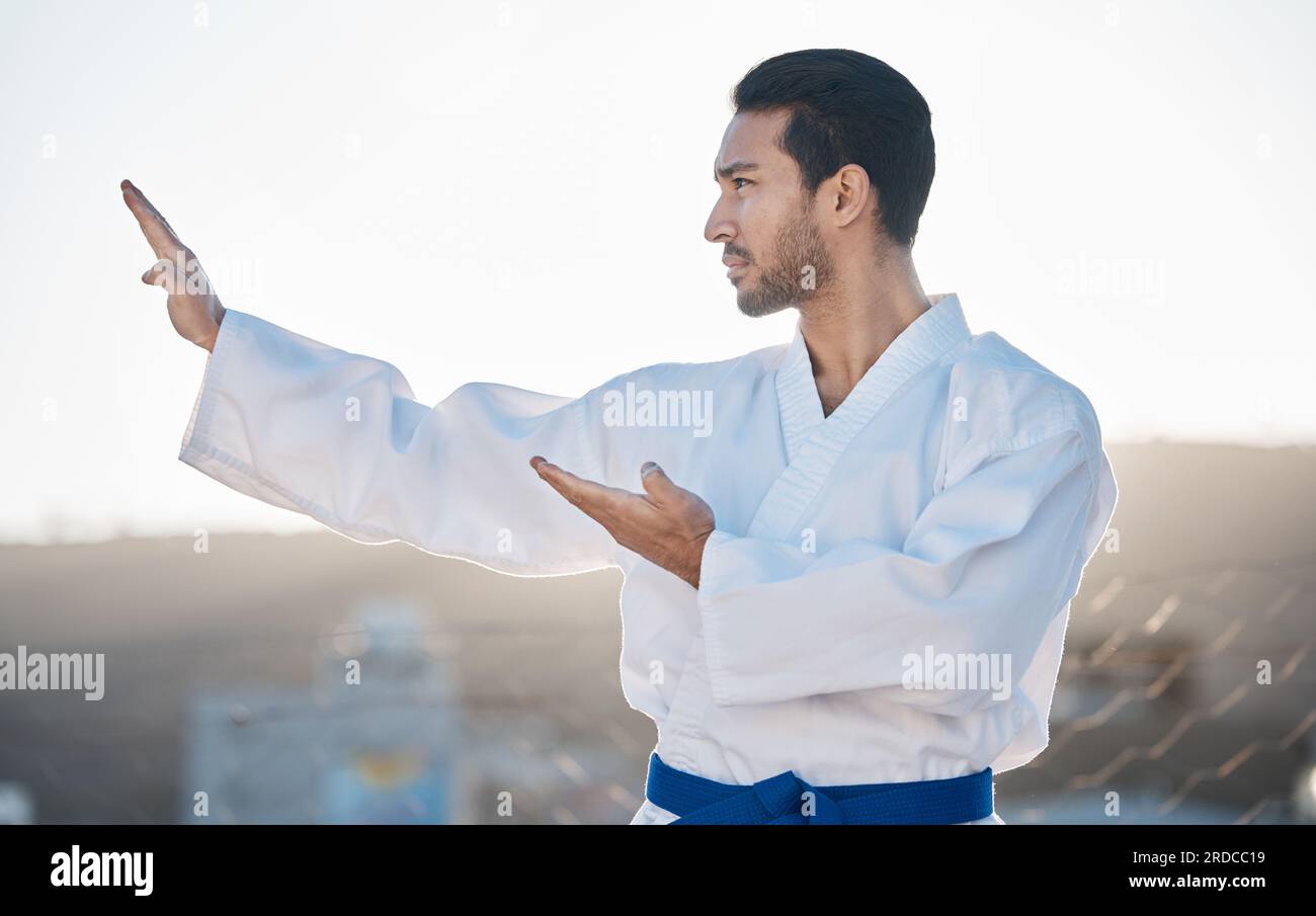 Karate, fitness and profile of a sports man in the city for self ...