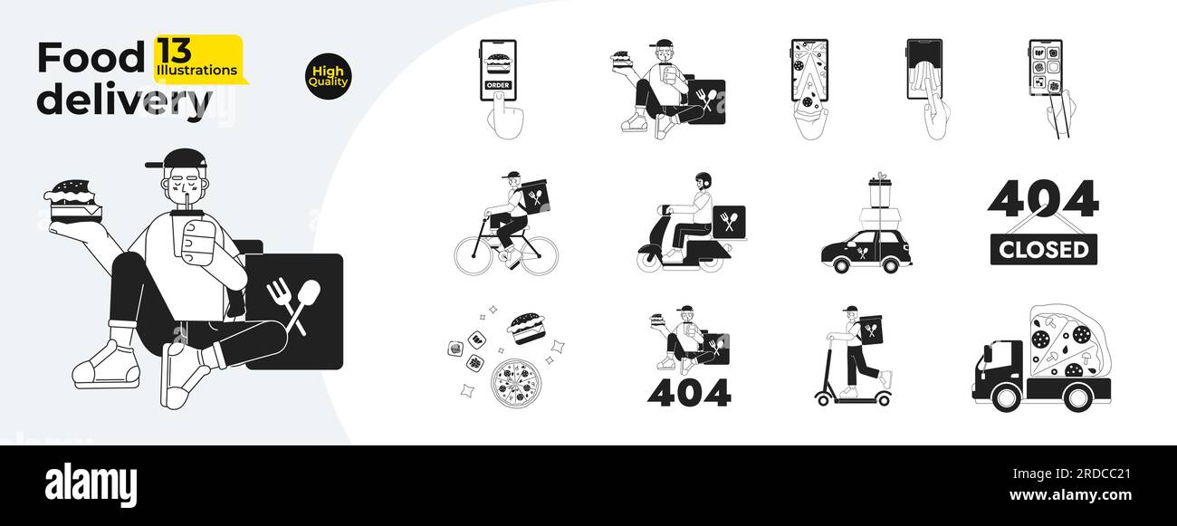 Food delivery monochrome concept vector spot illustrations bundle Stock ...