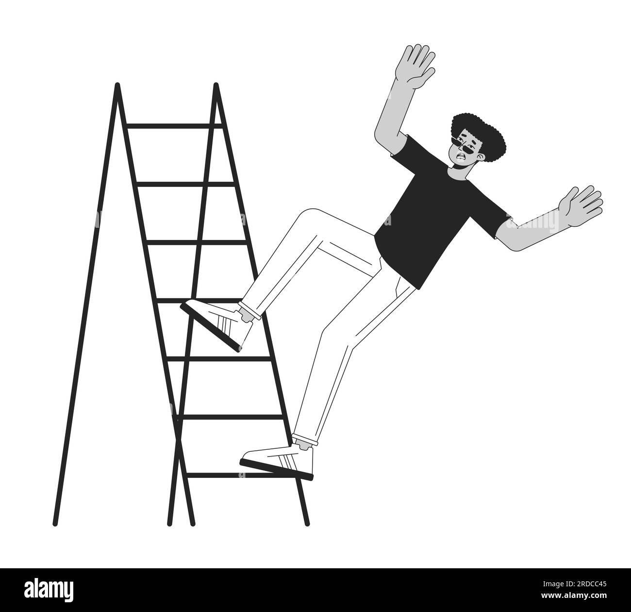 Young man falls from ladder stair flat line black white vector ...