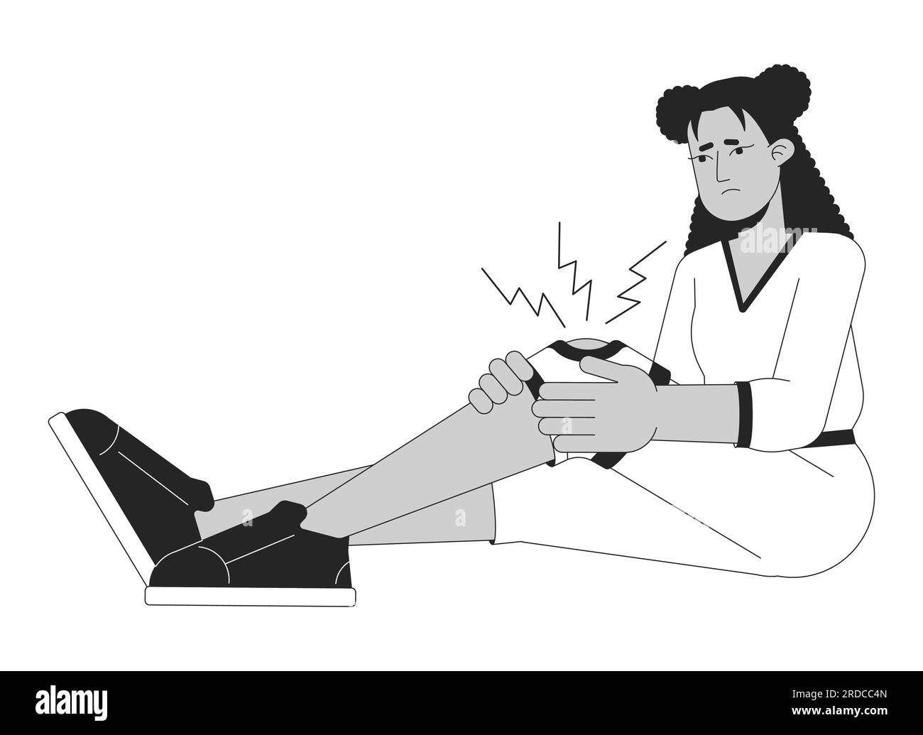 Girl Has Bandage On Knee Flat Line Black White Vector Character Stock