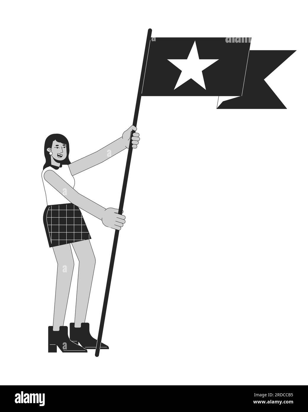 Excited fangirl cheering with flag flat line black white vector ...