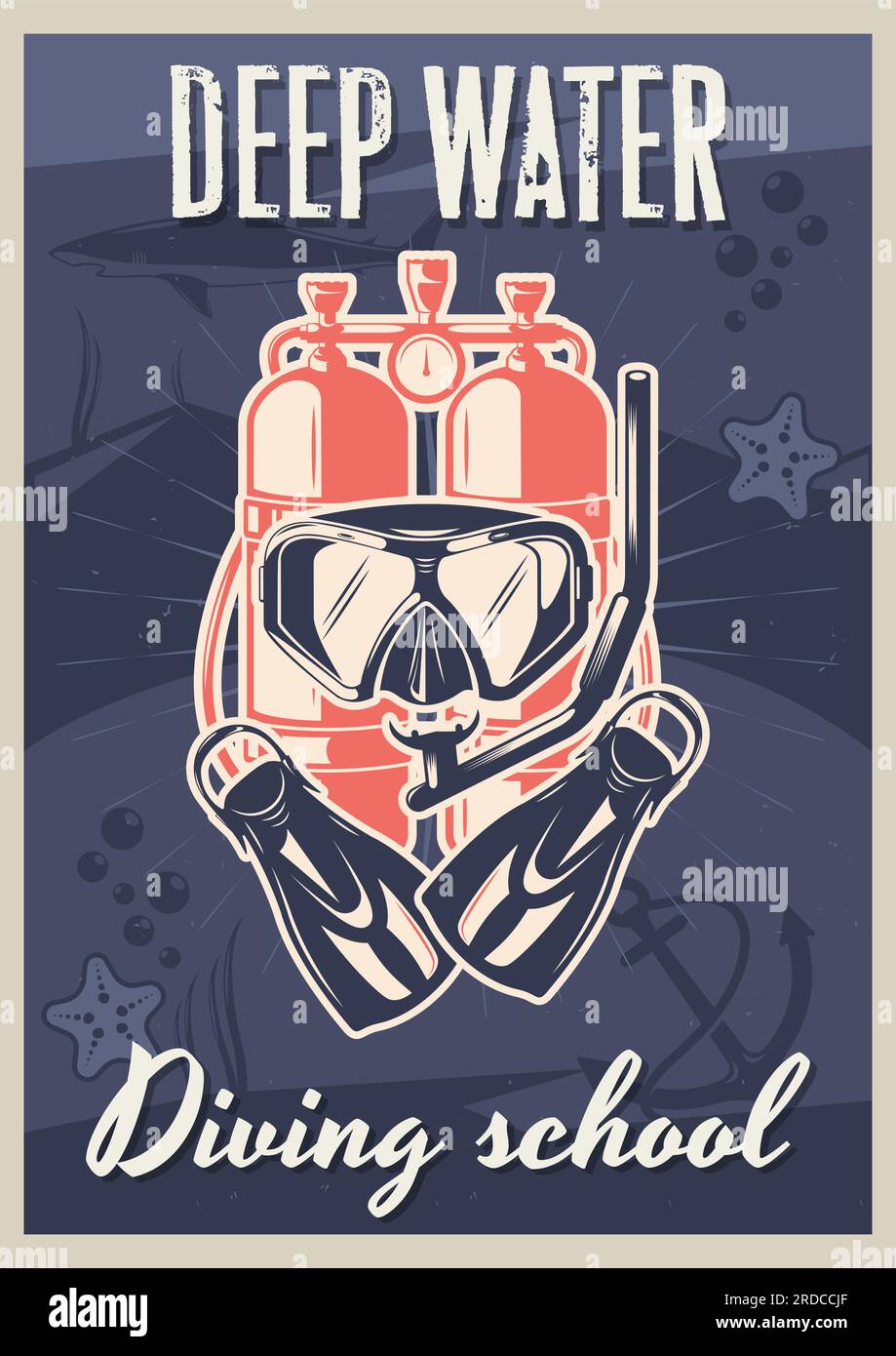 Diving school vintage typography poster template, vector illustration ...
