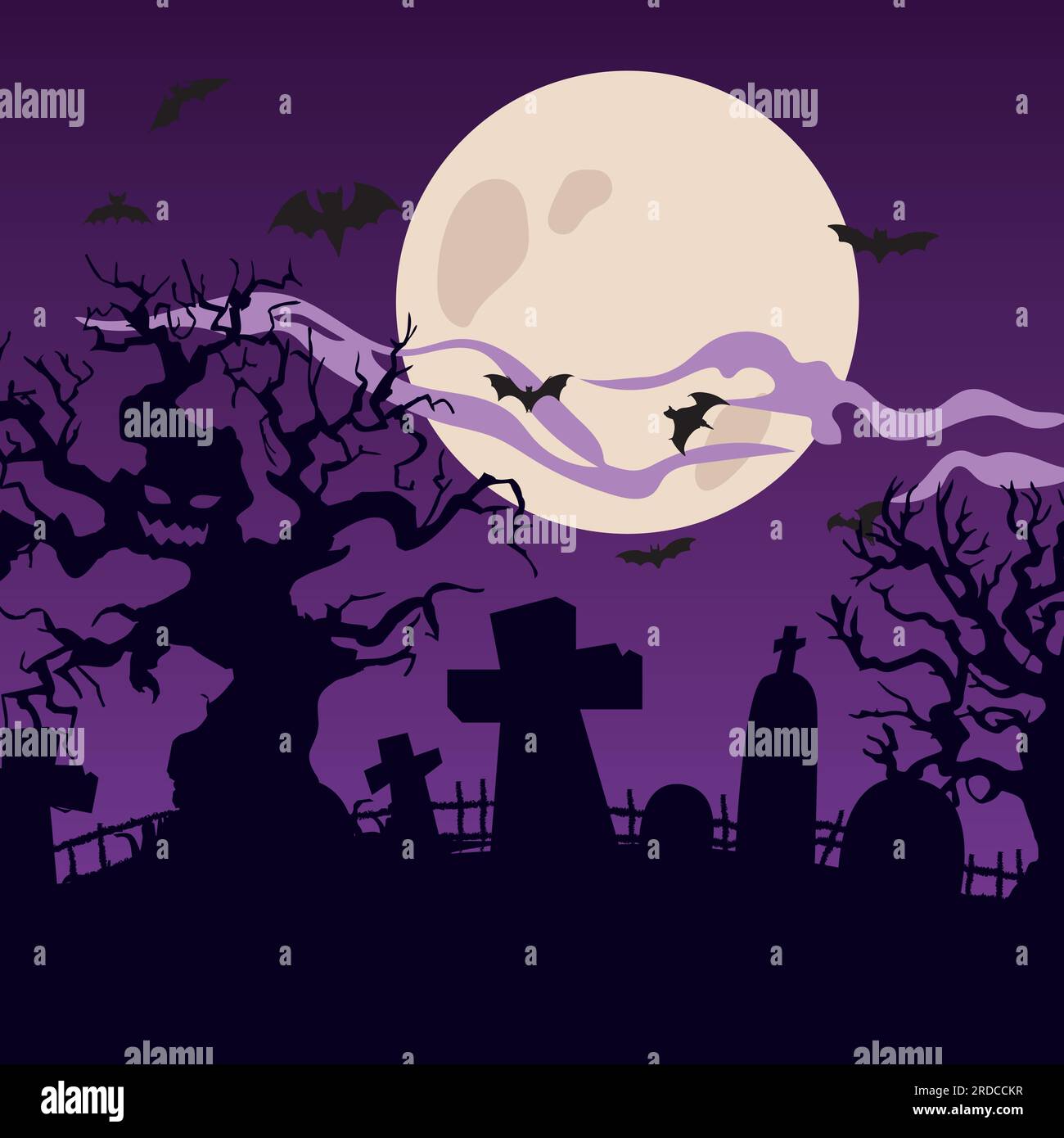 Full moon cemetery silhouette Halloween illustration Stock Vector Image ...