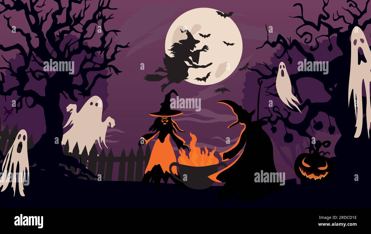 Full moon Halloween scary witches and ghosts near cauldron cartoon ...