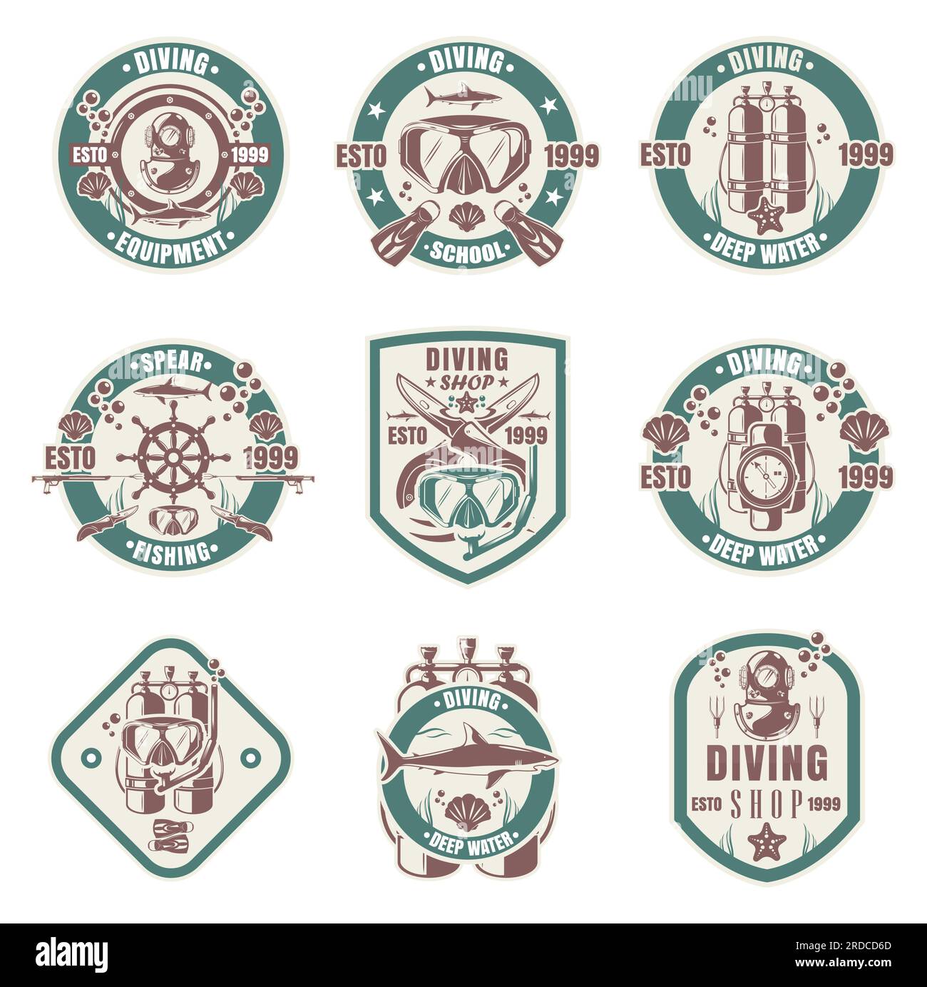 Diving school, shop, club vintage logo set, vector isolated ...