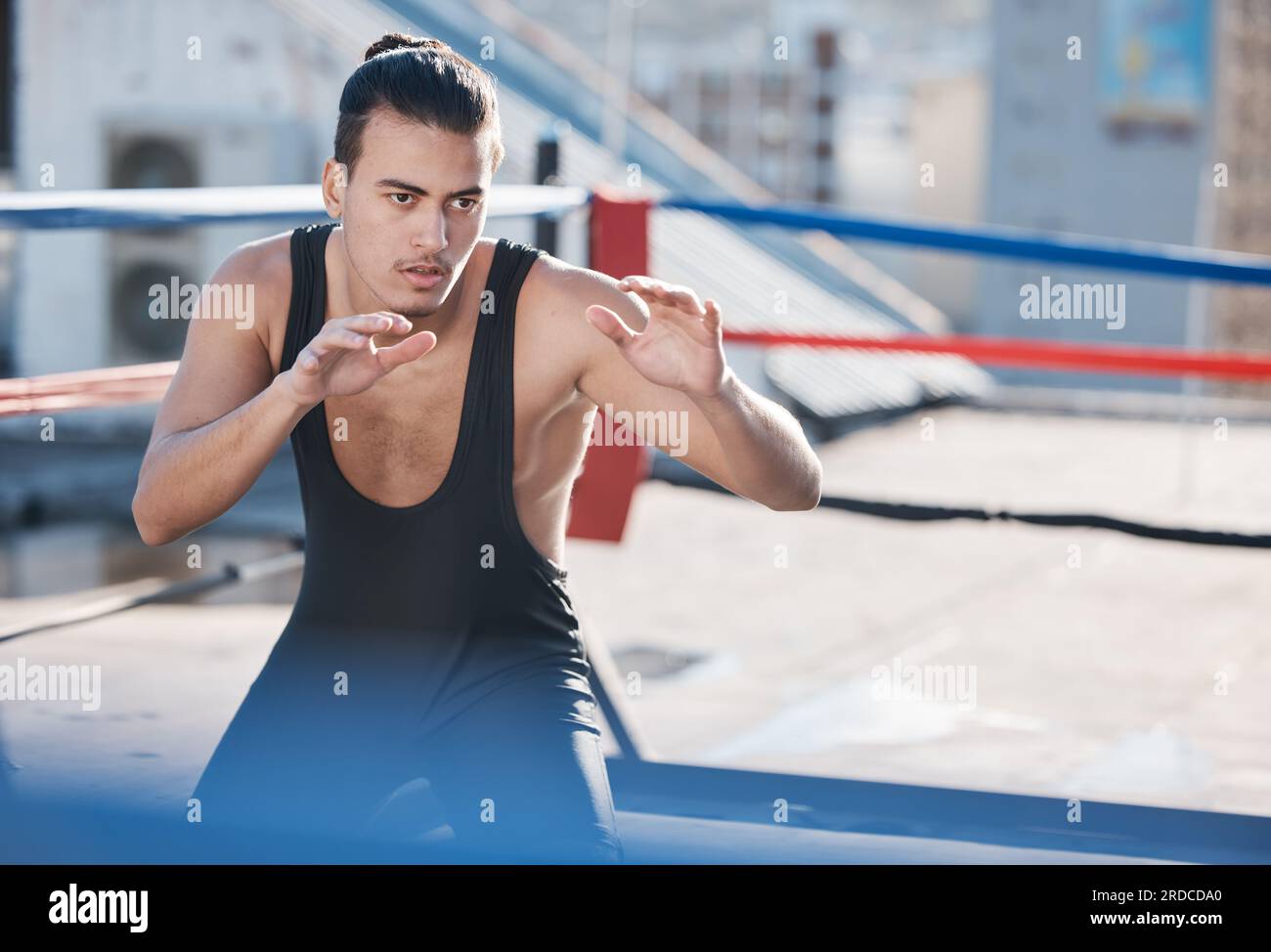 Man, wrestler and fight with in ring training on rooftop with for sport ...