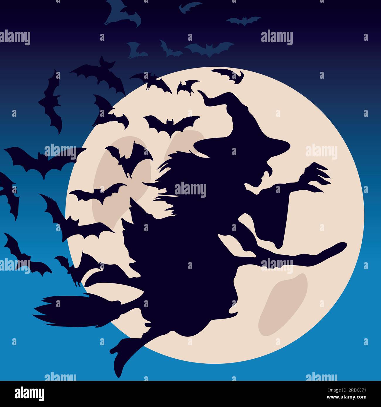 Witch and bats flying in front of full moon cartoon vector illustration ...