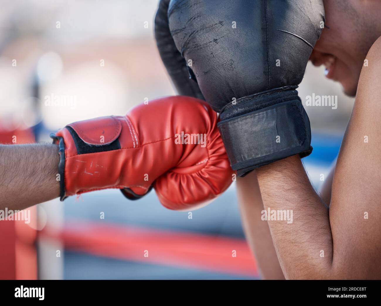 Punch, boxing gloves or men fighting in sports training, exercise or ...