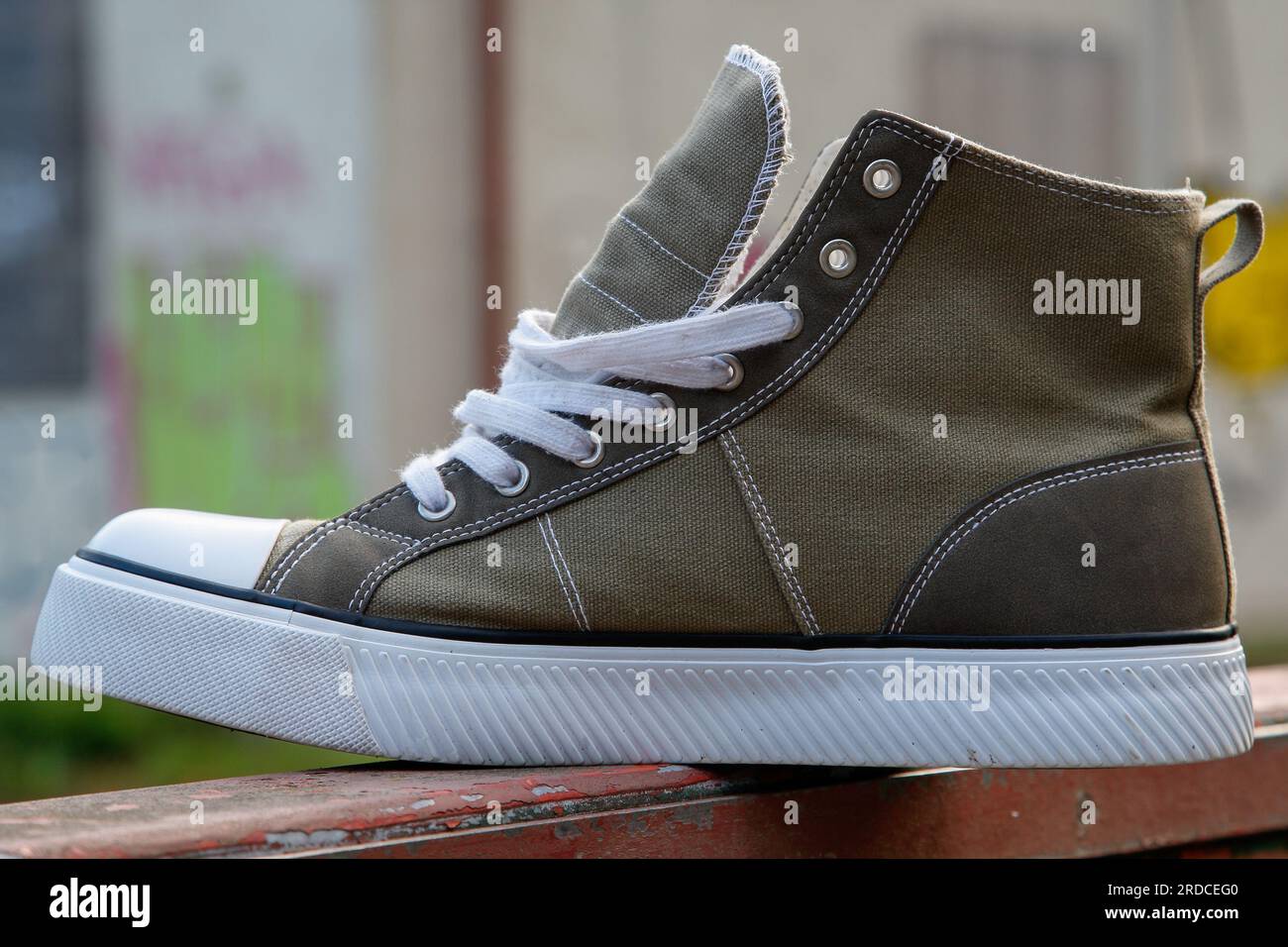 Side view of a trendsetter on the gate of a derelict factory. Canvas ...