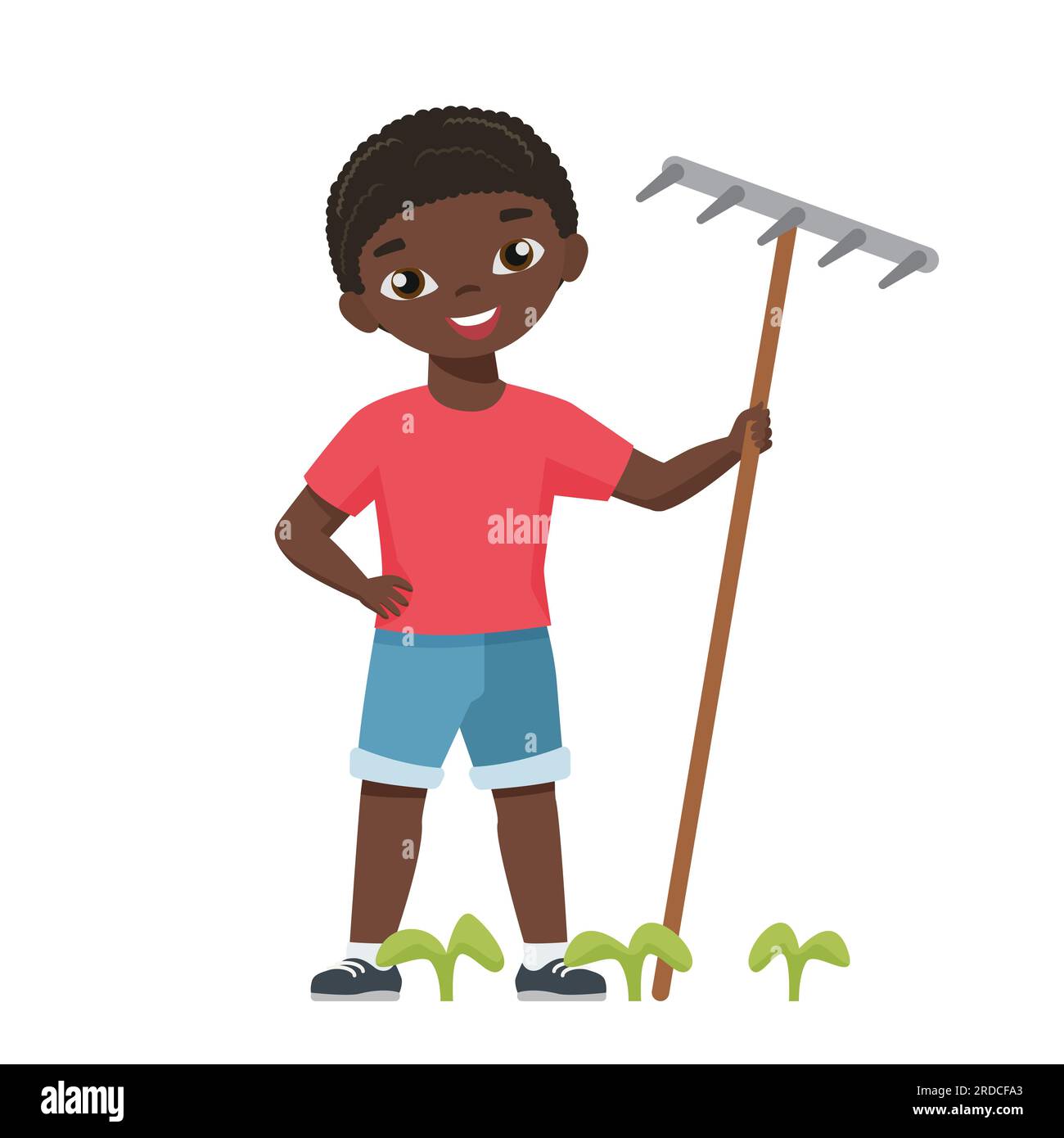 Happy little boy with garden rake. Children gardening, save nature ...