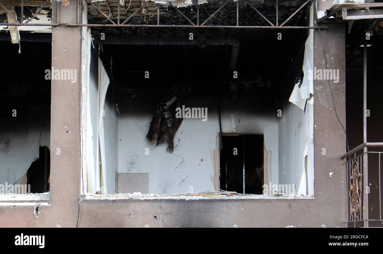 Residential high-rise building after a strong fire. Apartments and ...