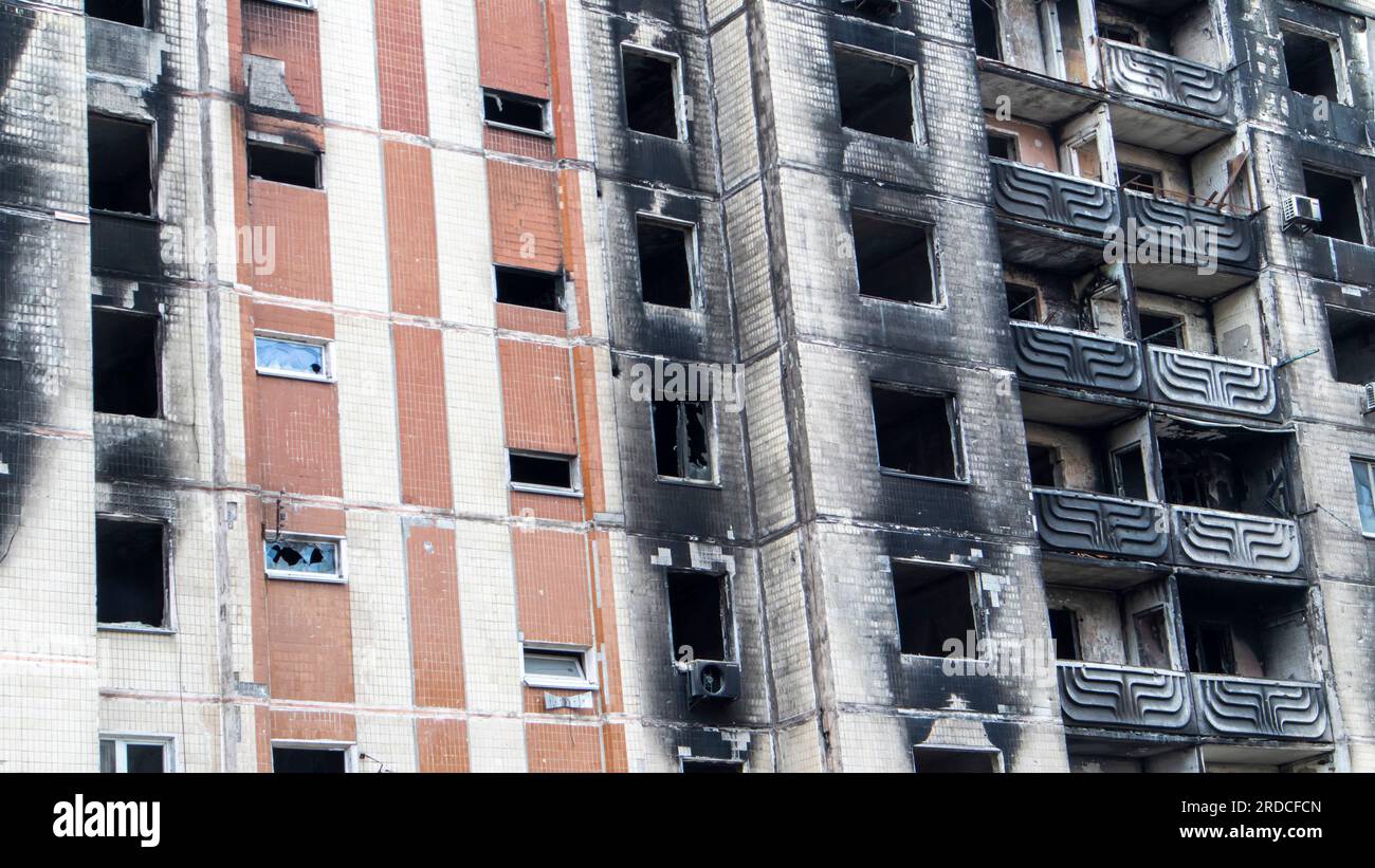 Residential high-rise building after a strong fire. Apartments and ...