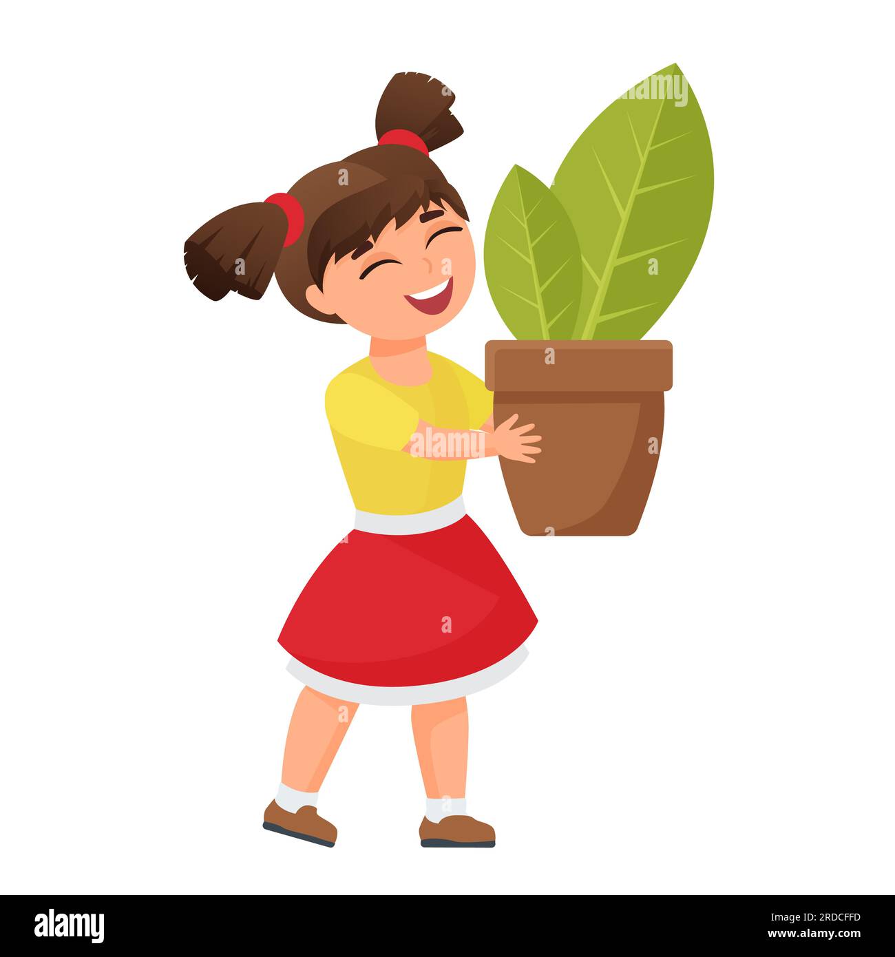 Happy girl with plant in pot. Children help in garden, outdoor activity ...