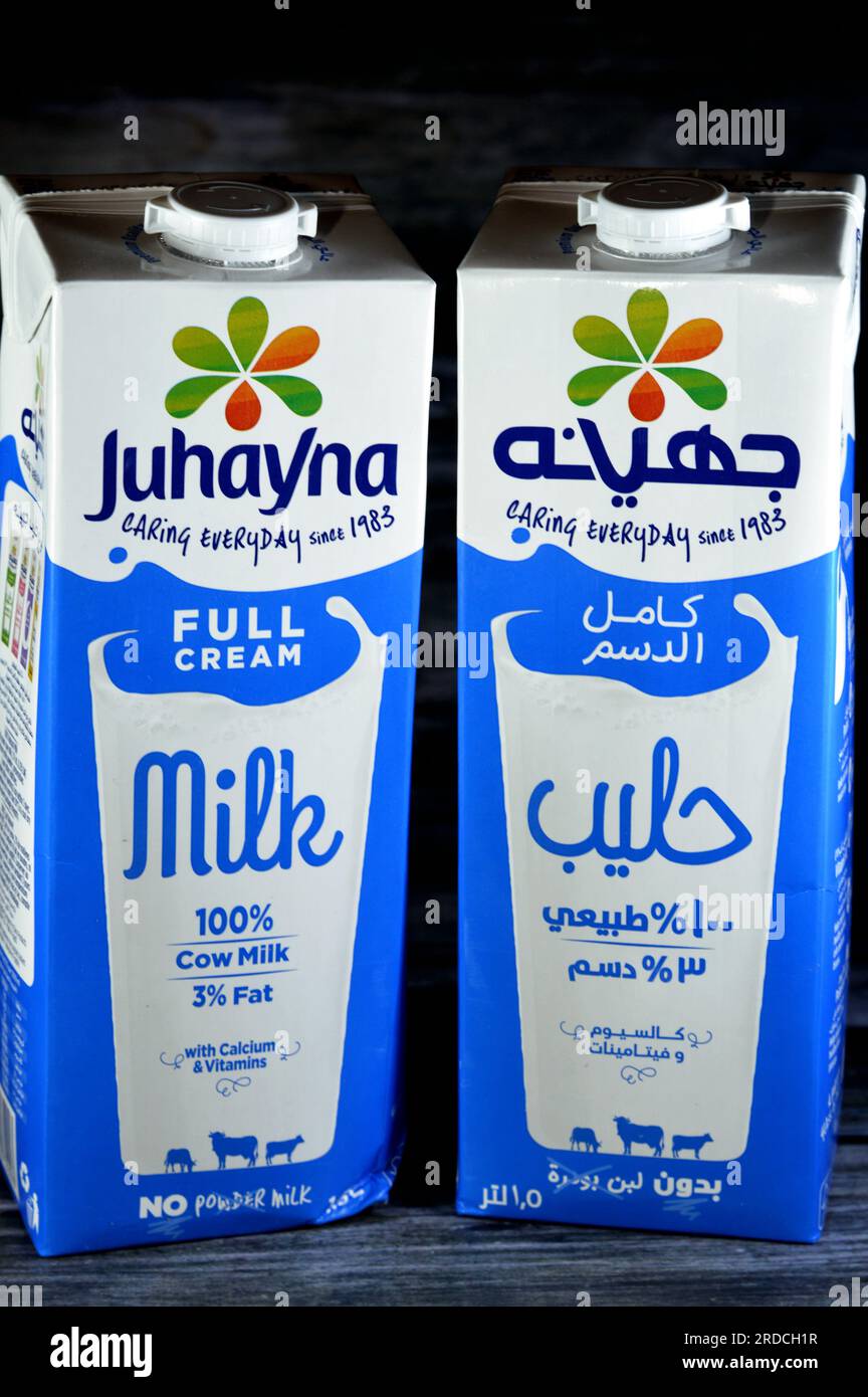 Cairo, Egypt, June 18 2023: Juhayna full cream fresh cow's milk carton ...