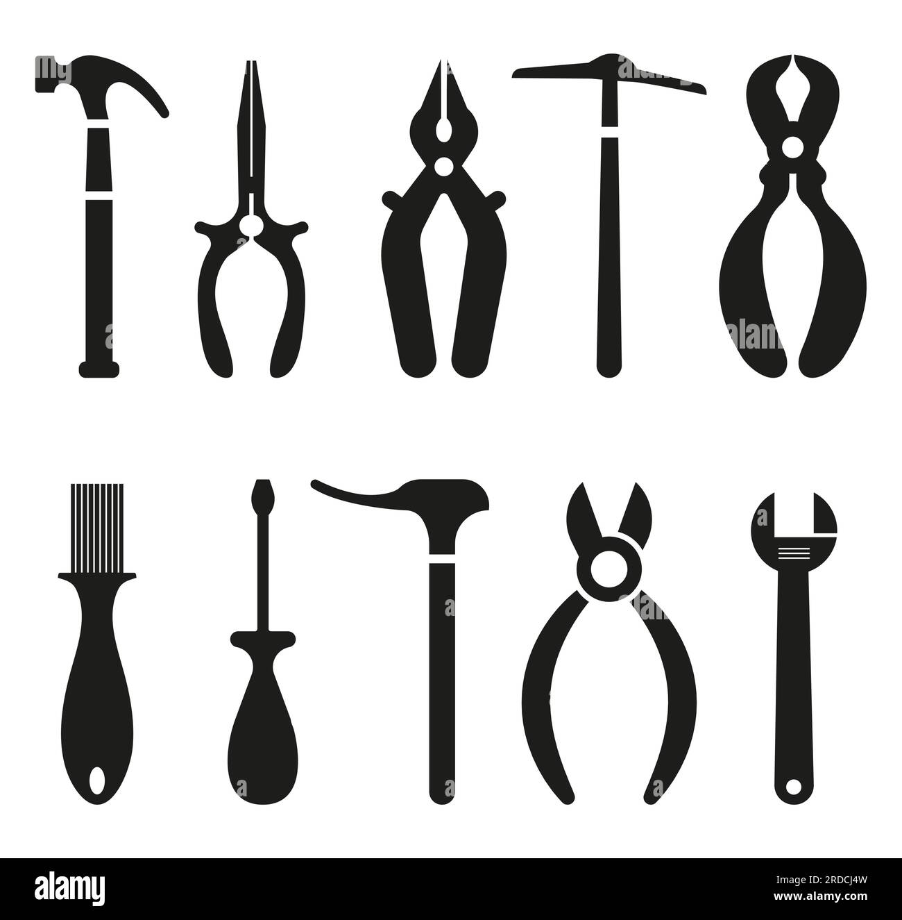 onstruction tools. Adjustable wrench, pliers, hammer vector silhouette ...