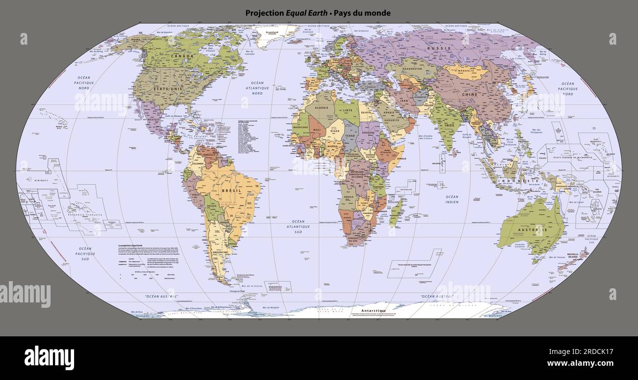 French language map of the world Equal earth projection Stock Vector ...