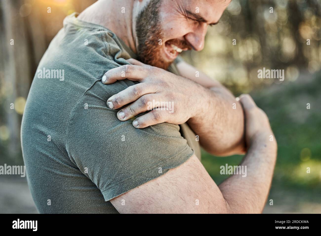Man, outdoor and shoulder pain with fitness, injury and tension with ...