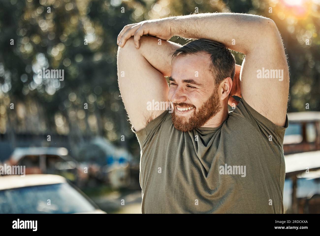 Smile, thinking and a man stretching for fitness, running or an outdoor ...