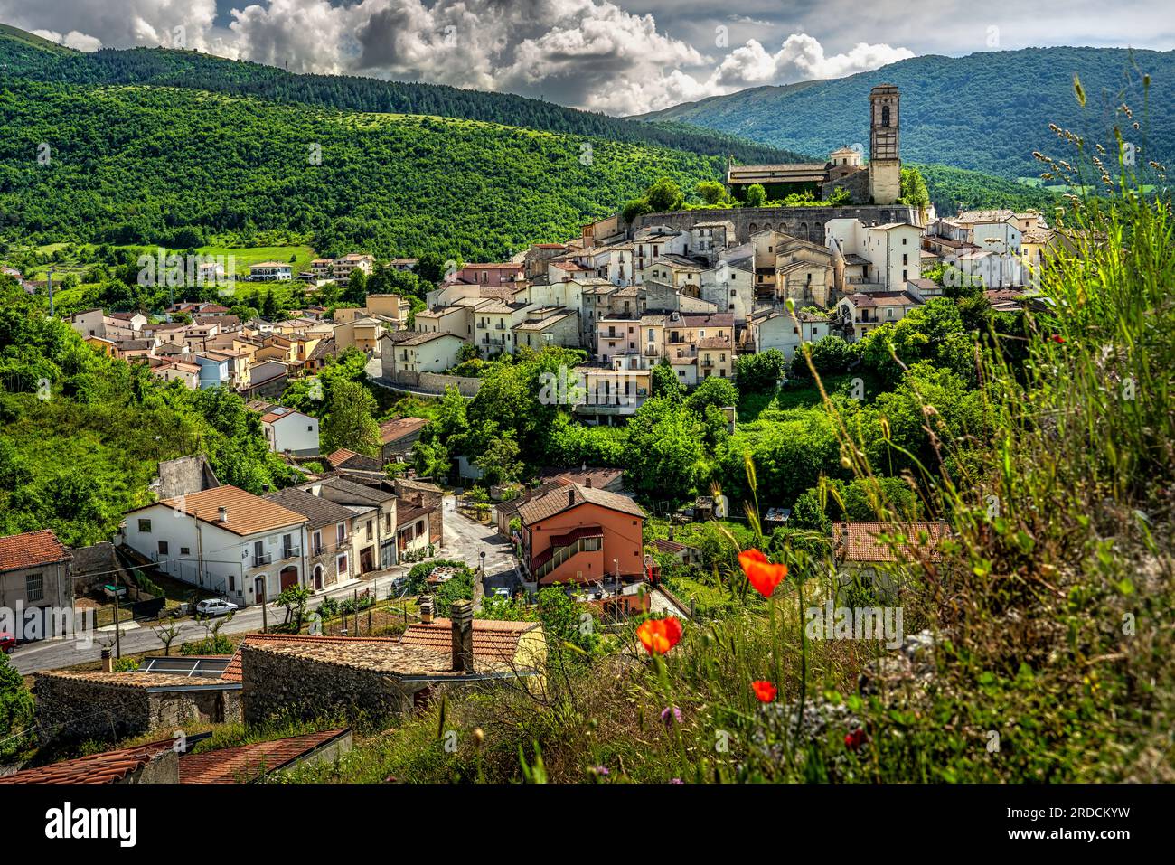 Panorama of the medieval village of Goriano Sicoli immersed in the lush ...