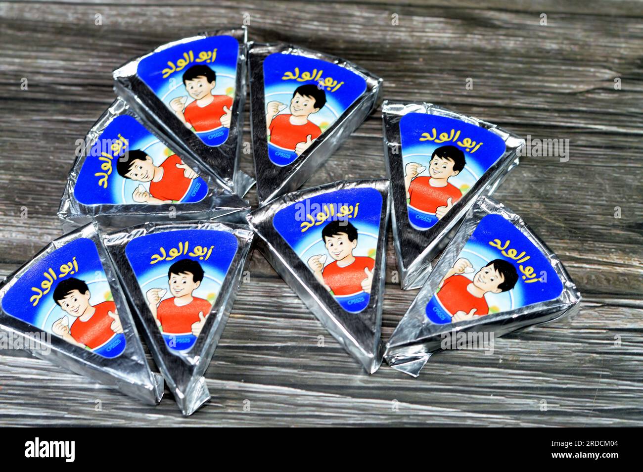 Cairo, Egypt, July 15 2023: Abo El Walad triangle cheese pieces used as ...