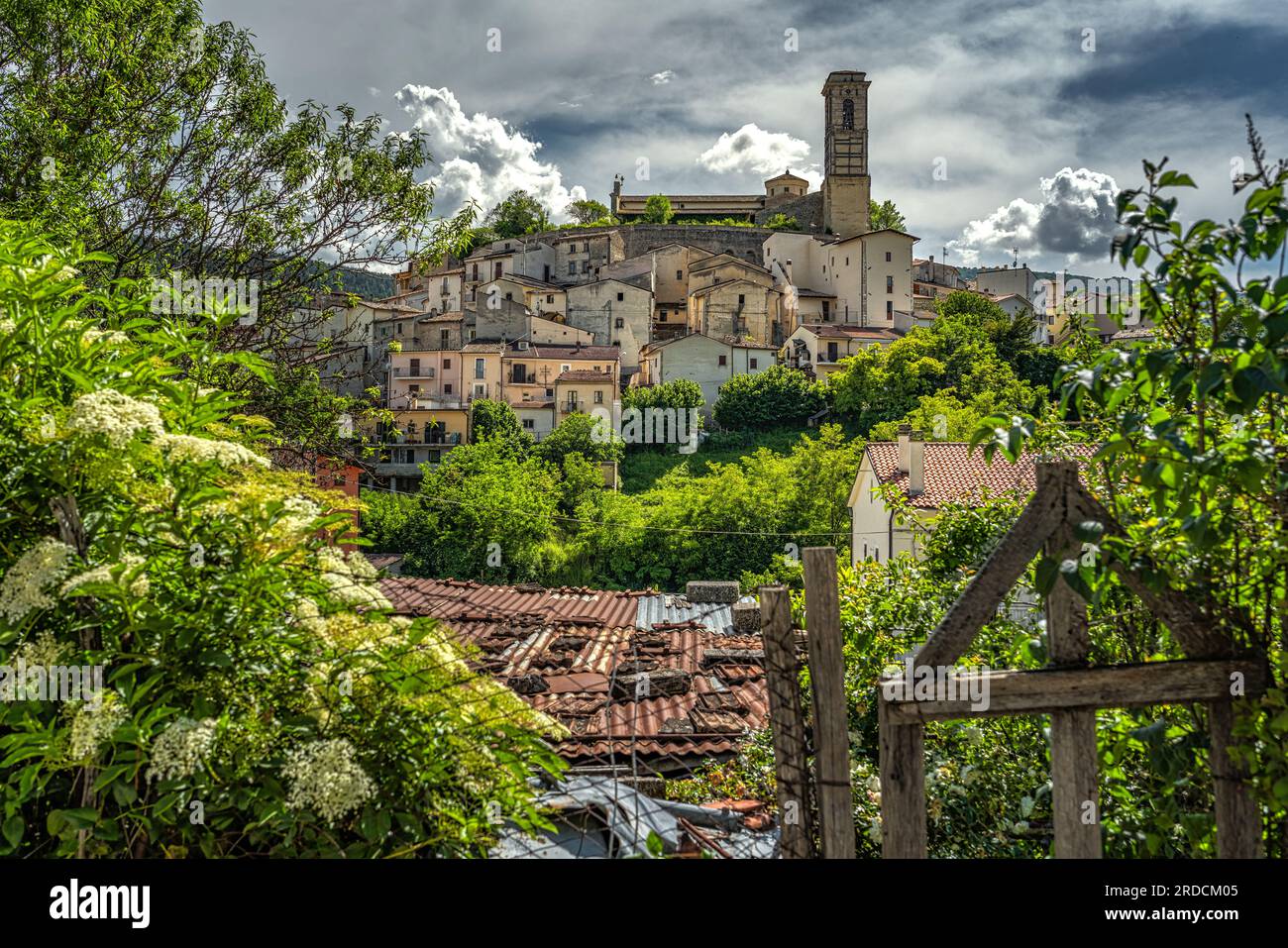 Panorama of the medieval village of Goriano Sicoli immersed in the lush ...