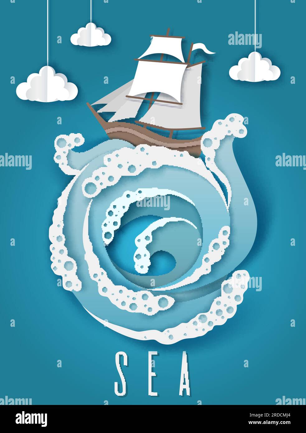 Sailboat and raging sea, vector illustration in paper art style Stock ...