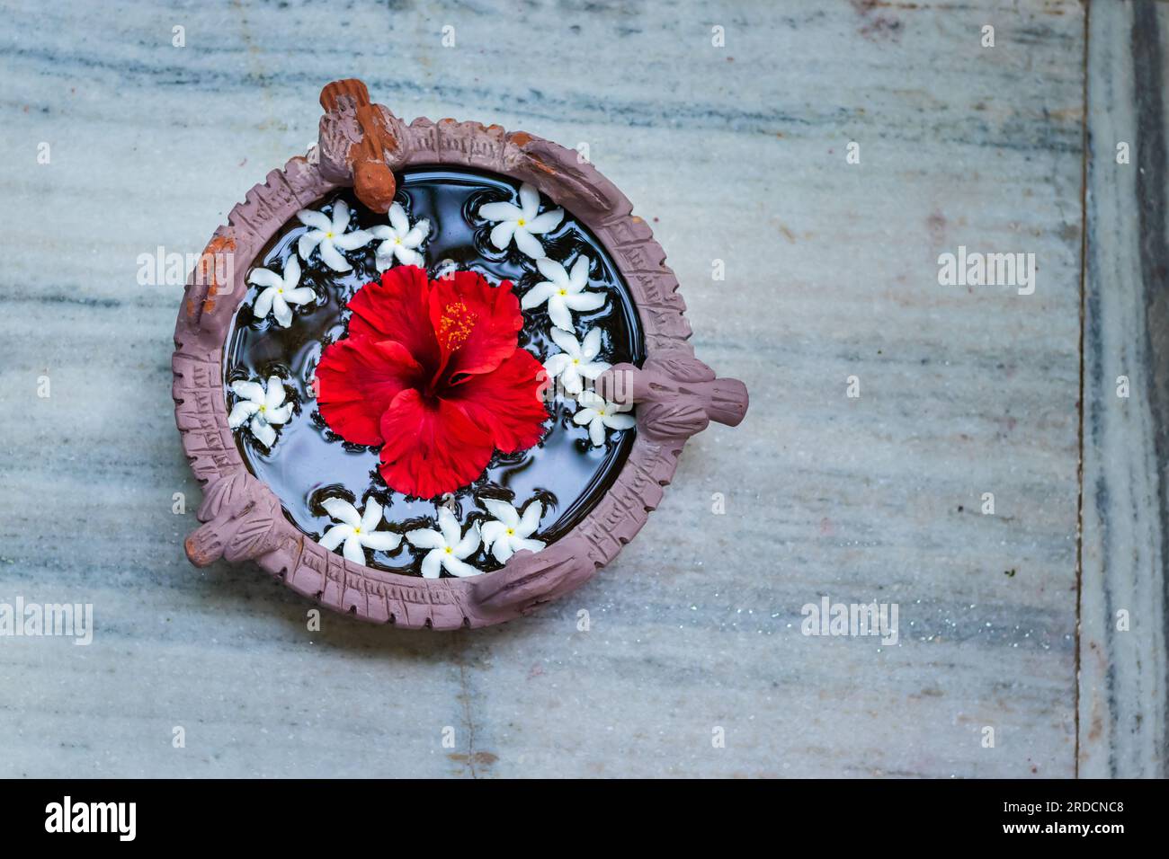 spiritual holy water with hibiscus flower kept for birds at home ...