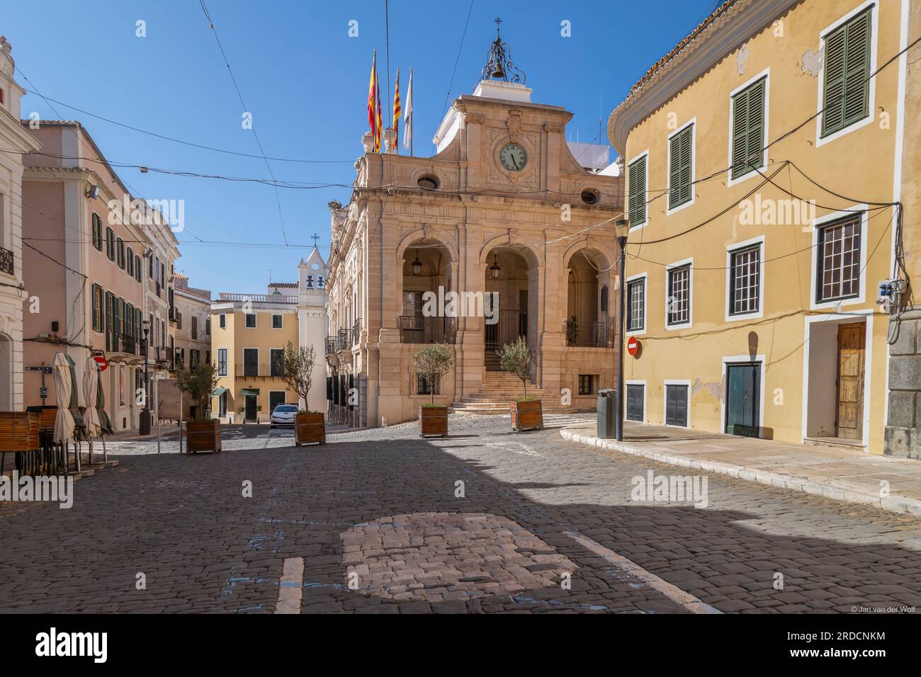 Town Hall in the historic center of the Spanish town of Mahón on the ...