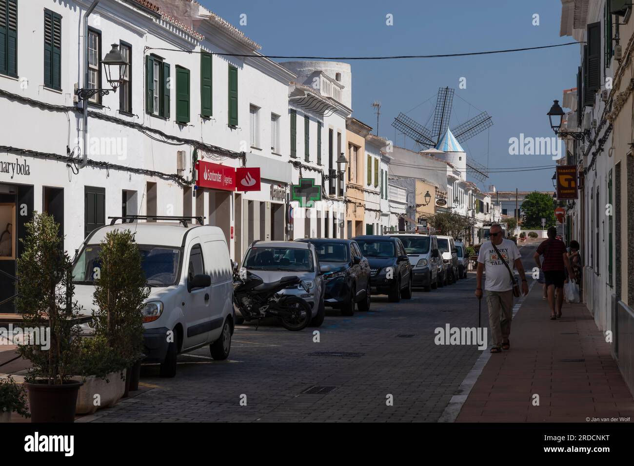 Shopping street in the town of Sant Lluis on the island of Menorca in ...
