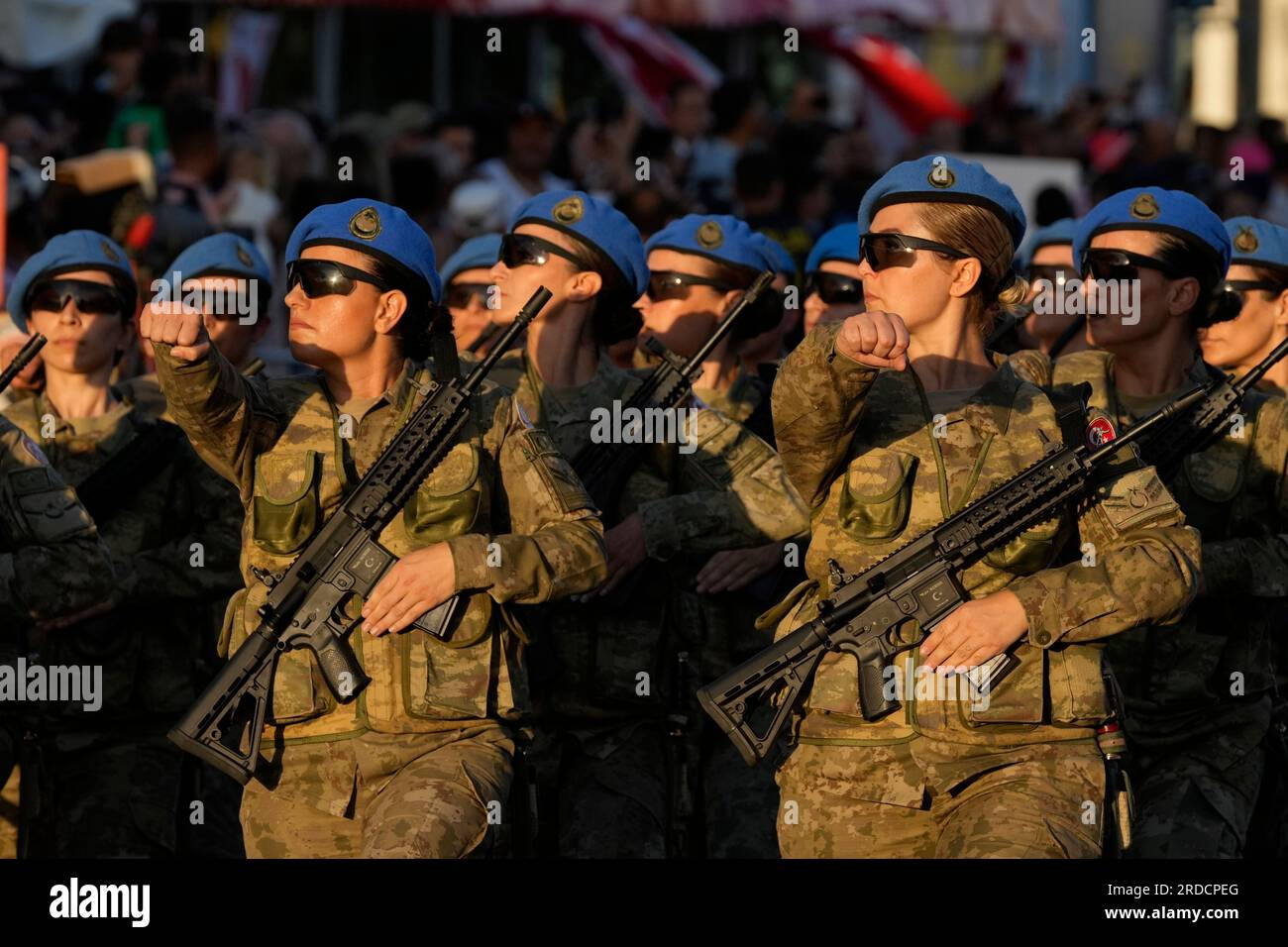 Turkish female soldiers march in a military parade marking the 49th ...