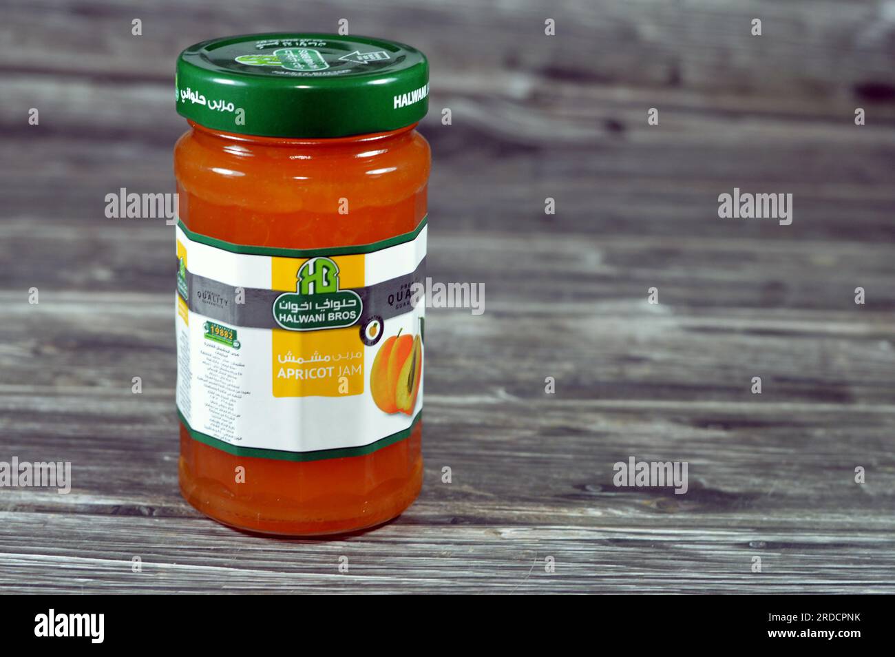 Cairo, Egypt, July 15 2023: Halwani Bros Apricot jam Haalwani bottle ...