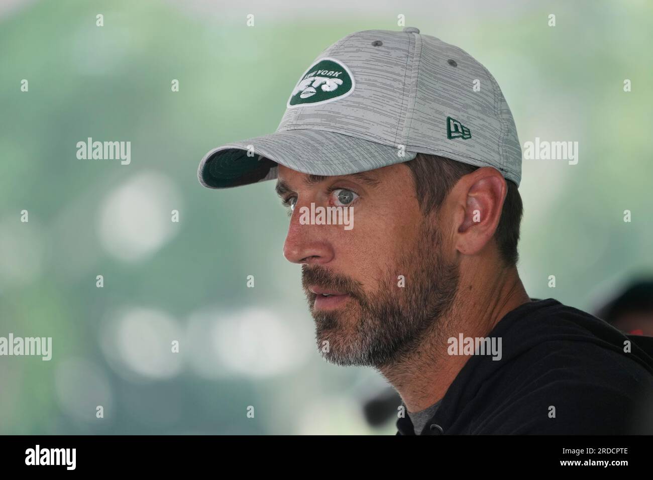 New York Jets quarterback Aaron Rodgers speaks to reporters after a ...