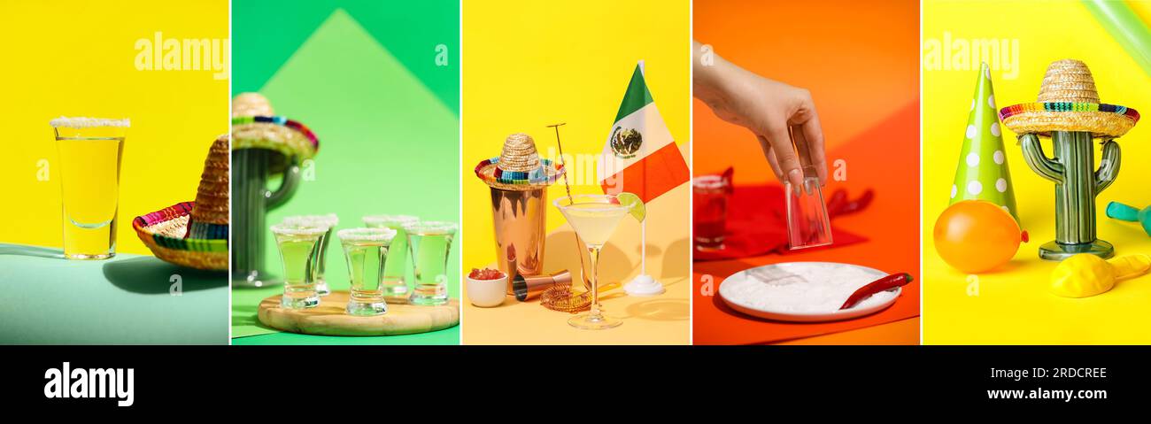 Collage of traditional Mexican alcoholic drinks and party decor on ...