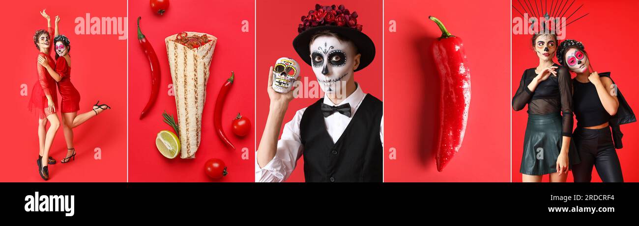 Collage of Mexican people with chili peppers and traditional burrito on ...