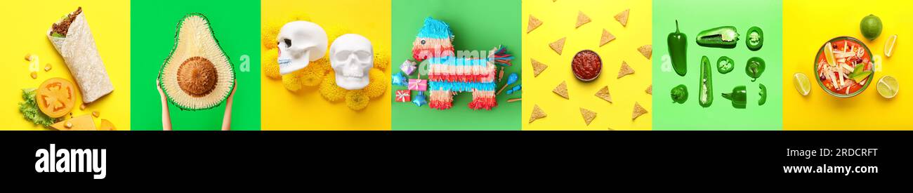 Collage of traditional Mexican food, pinatas and skulls on yellow and ...