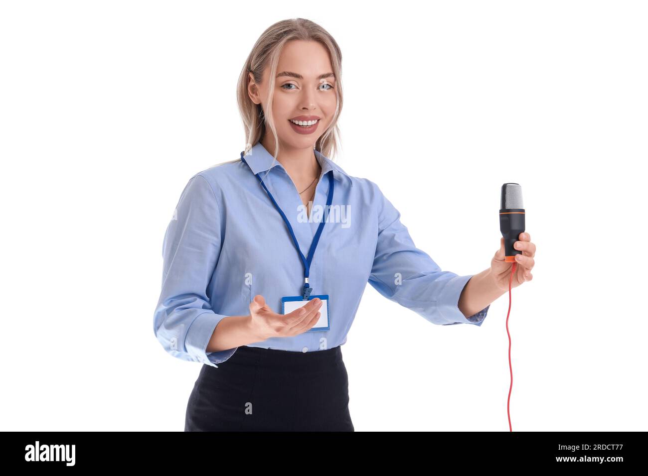 Female journalist with microphone on white background Stock Photo - Alamy