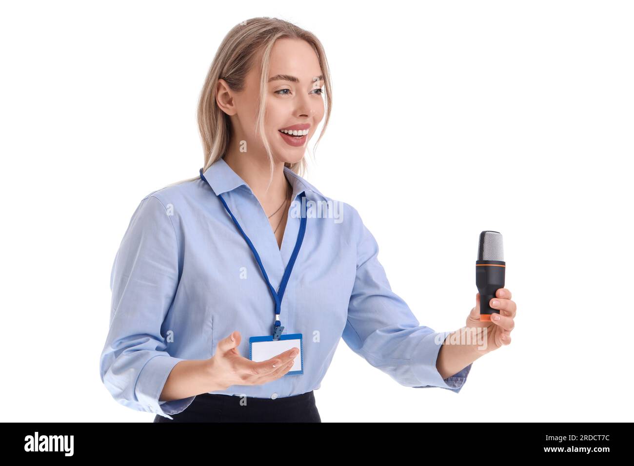 Female journalist with microphone on white background Stock Photo - Alamy
