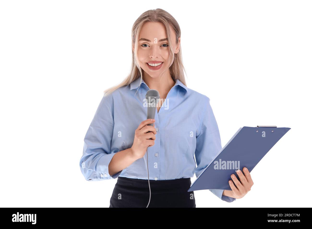 Female journalist with microphone and clipboard on white background ...