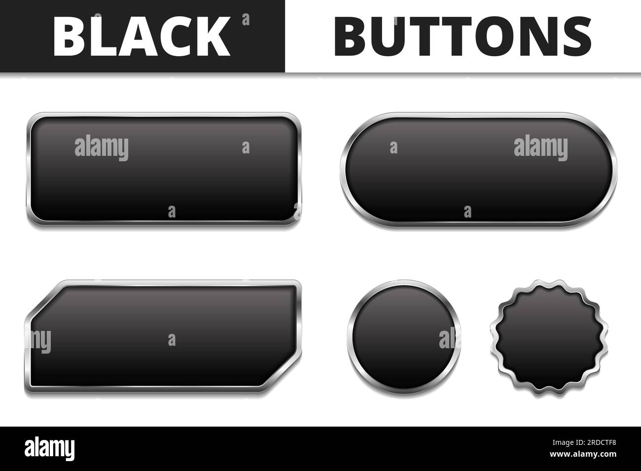 Five black buttons with metal frames, vector eps10 illustration Stock ...