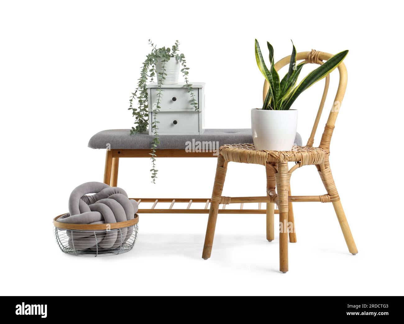 Soft bench with decor and chair on white background Stock Photo - Alamy