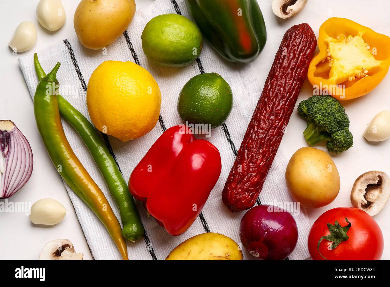 Different healthy products on grey background Stock Photo - Alamy