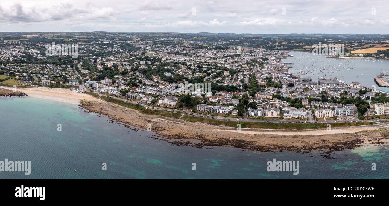 Aerial landscape panorama view of the Coast Road and Gyllyngvase Beach ...