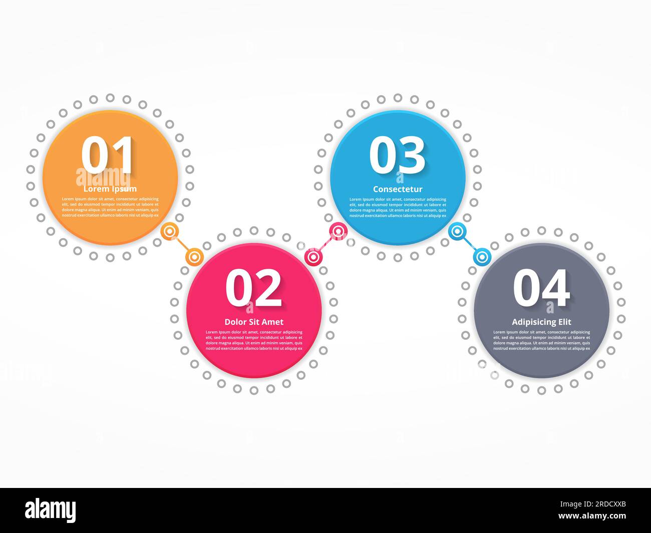 Four connected circles with numbers and text, process diagram, steps or ...