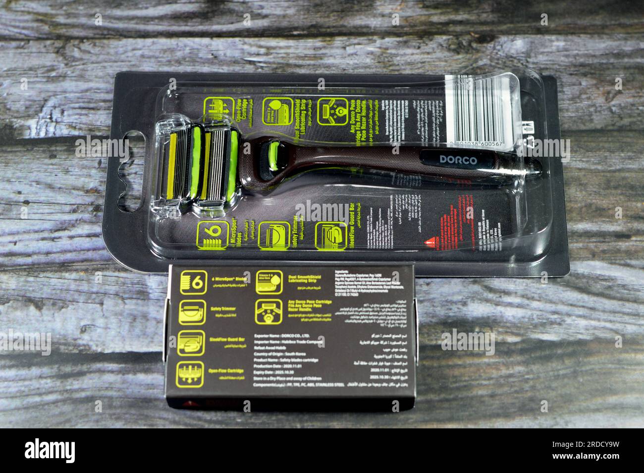 Cairo, Egypt, July 5 2023: Dorco Pace 6 Pro for shaving comes with ...