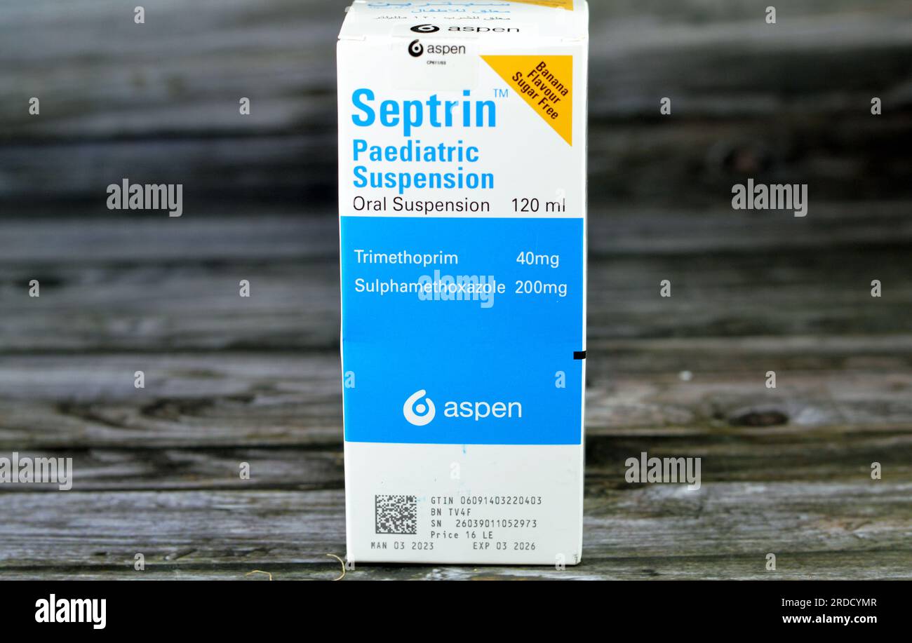 Cairo, Egypt, July 10 2023: Septrin 40mg 200mg per 5ml Paediatric ...