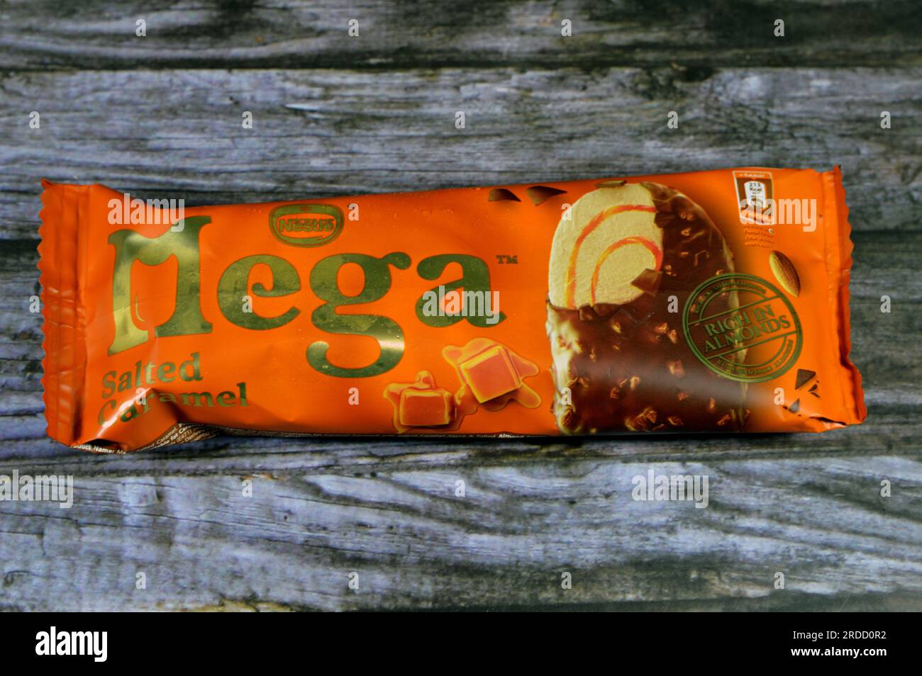 Cairo, Egypt, July 15 2023: Nestle Mega Salted Caramel ice cream stick ...
