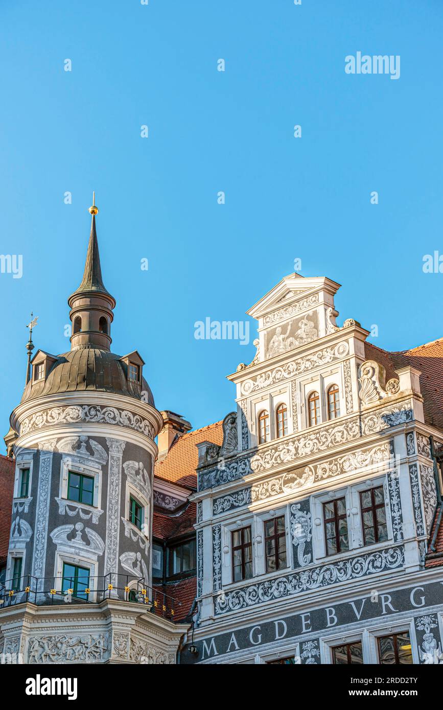 Historic wall painting at the facade in the inner courtyard Dresden ...